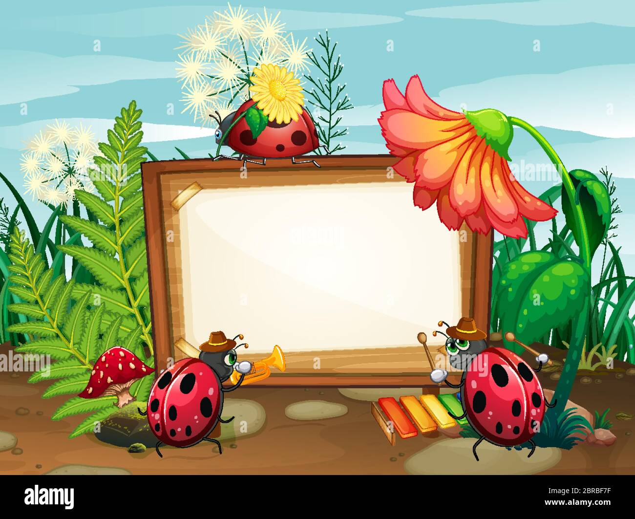 Border template design with insects in the garden background ...