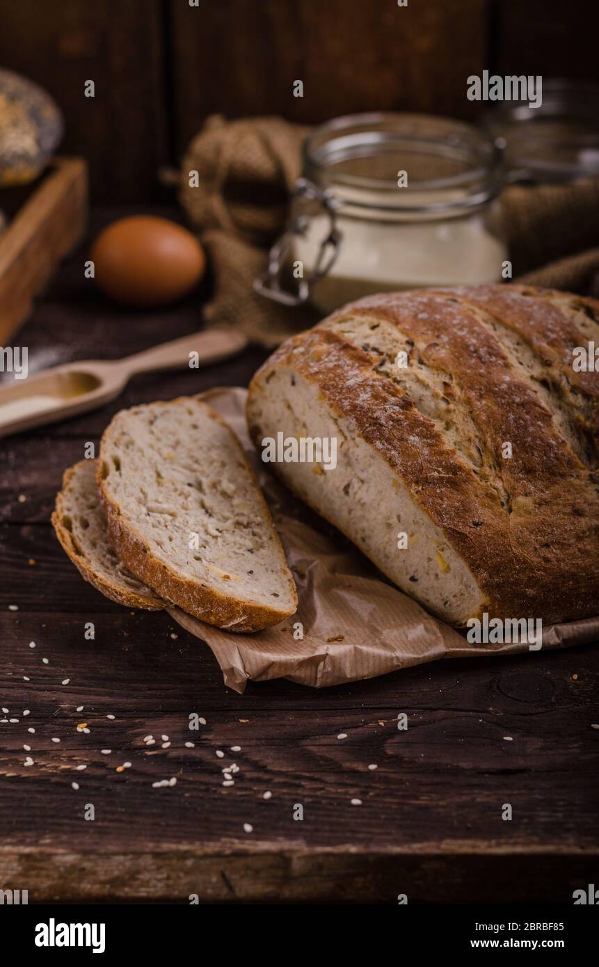 Homemade bread, product photo, selective focus, others pastries behind ...