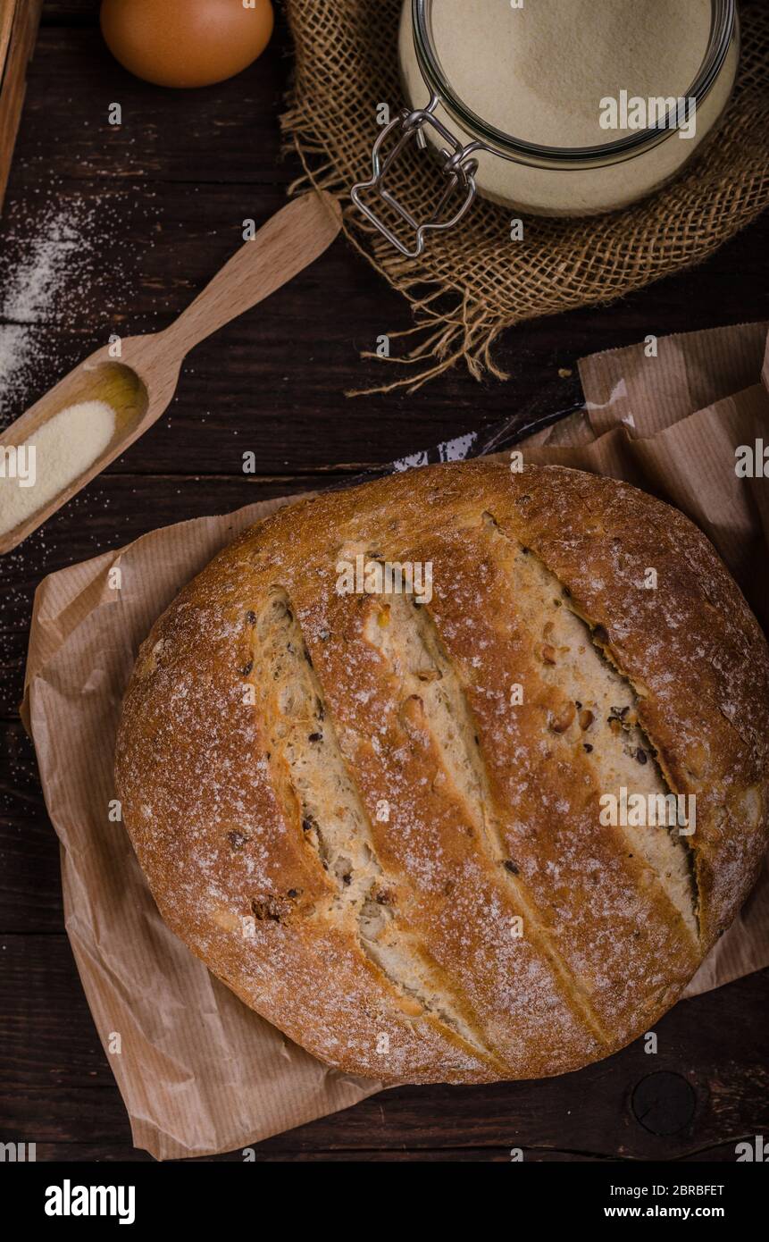 Homemade bread, product photo, selective focus, others pastries behind ...