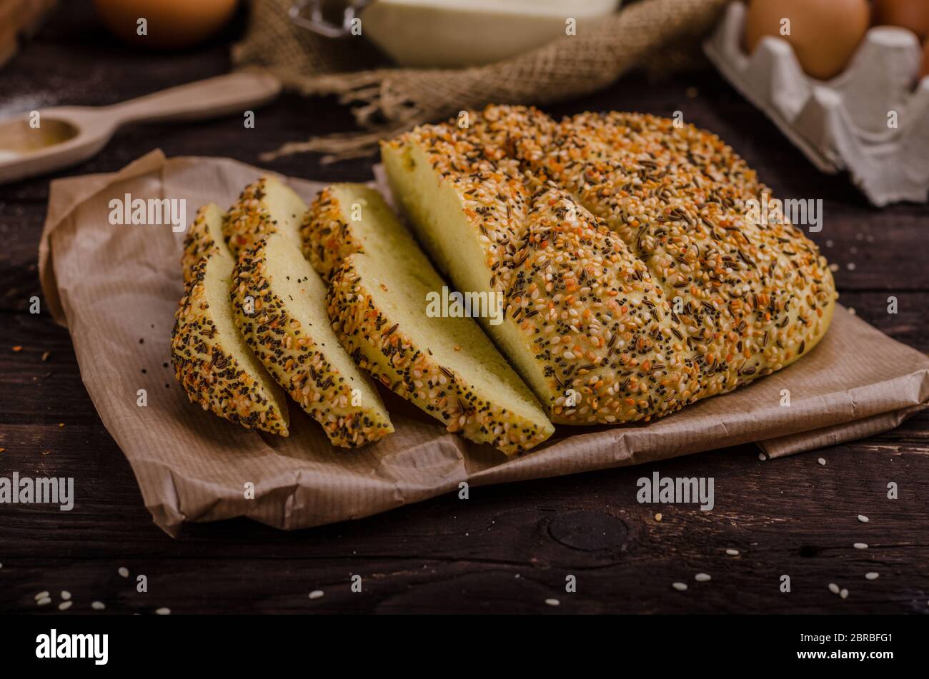 Homemade bread, product photo, selective focus, others pastries behind ...