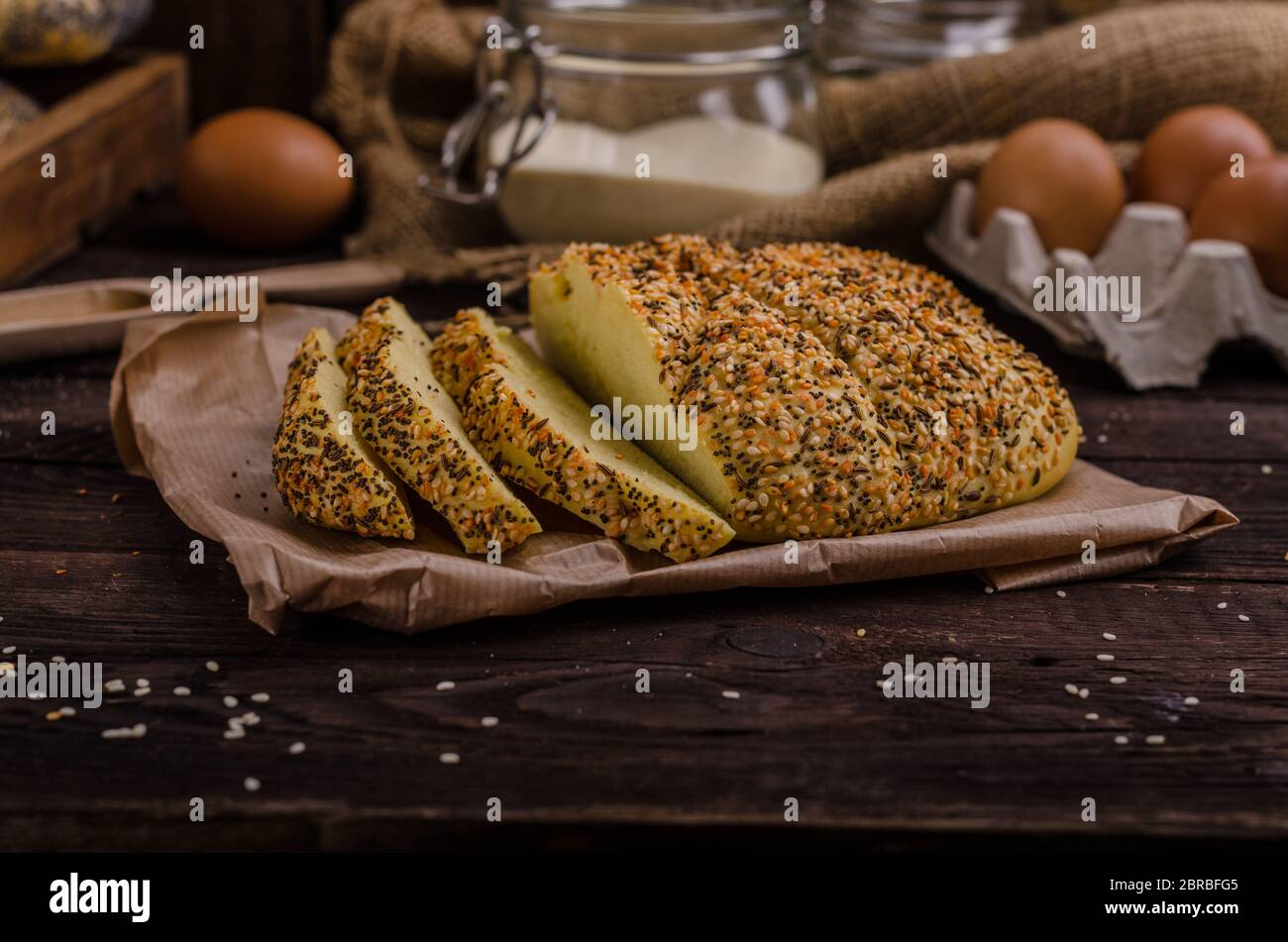 Homemade bread, product photo, selective focus, others pastries behind ...