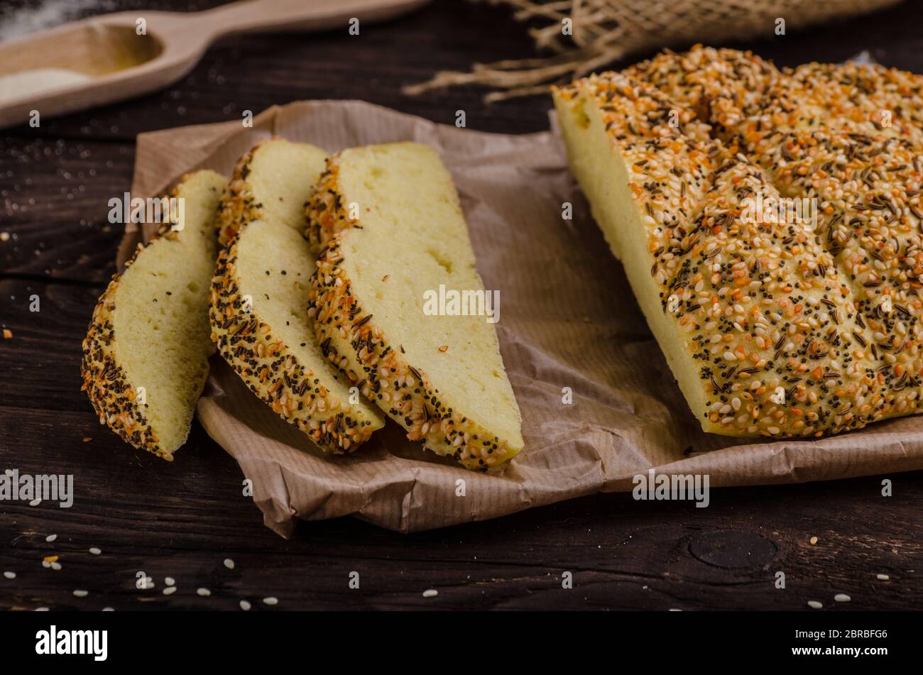 Homemade bread, product photo, selective focus, others pastries behind ...