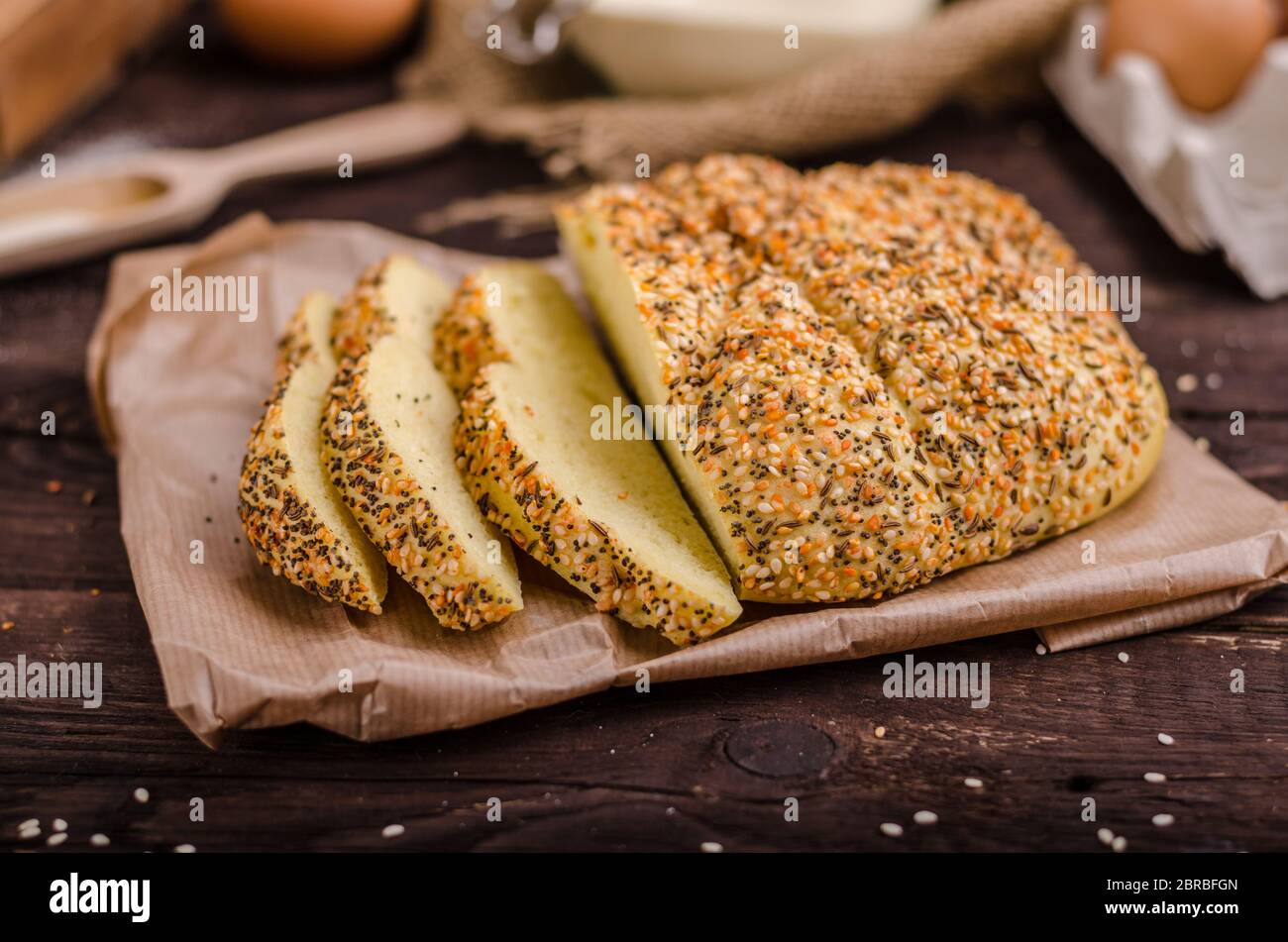 Homemade bread, product photo, selective focus, others pastries behind ...