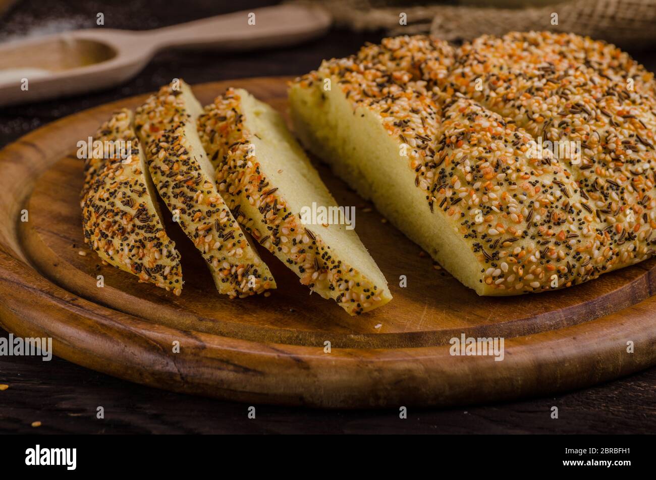 Homemade bread, product photo, selective focus, others pastries behind ...