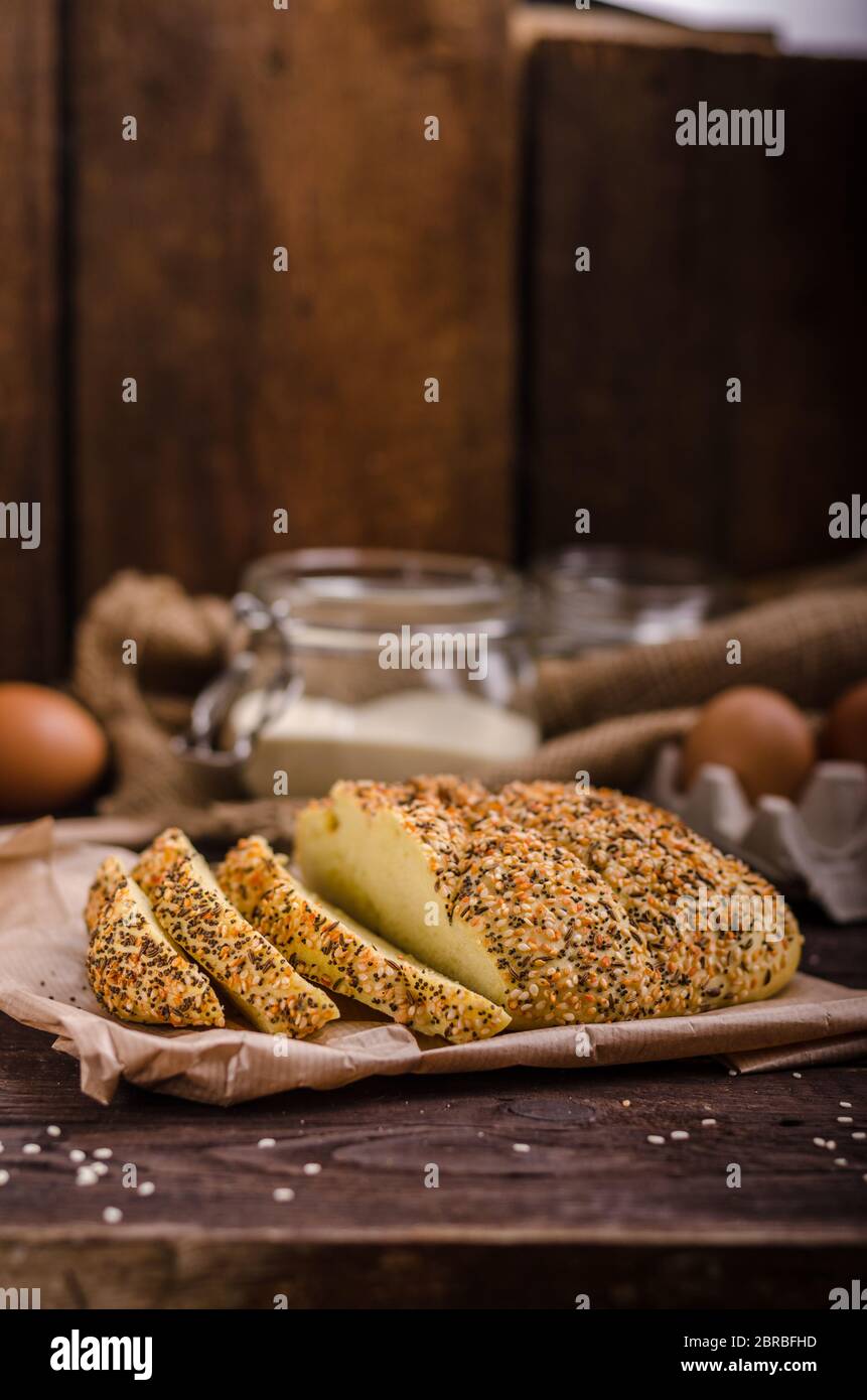 Homemade bread, product photo, selective focus, others pastries behind ...