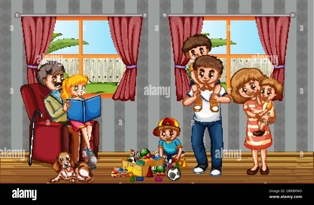 Family member cartoon character in living room illustration Stock ...