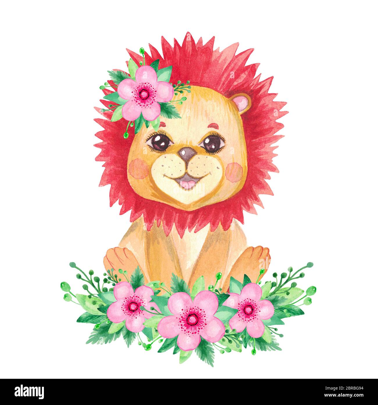 Cute lion cub in a wreath of flowers. Poster for children's room, baby ...
