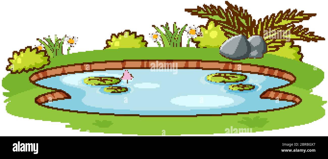 Small pond with green grass on white background illustration Stock ...