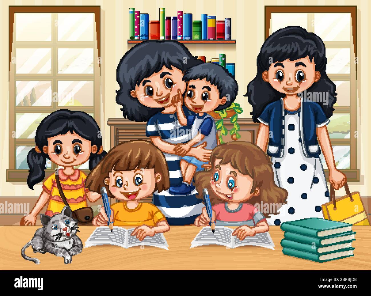 Parent And Child Doing Homework Cartoon