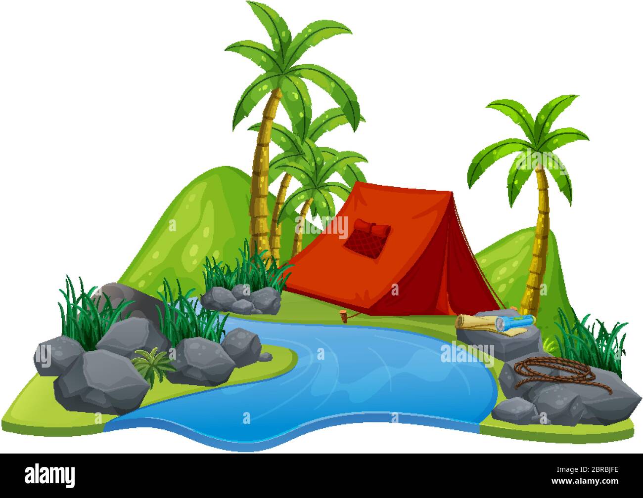 Scene with red tent by the river on white background illustration Stock ...