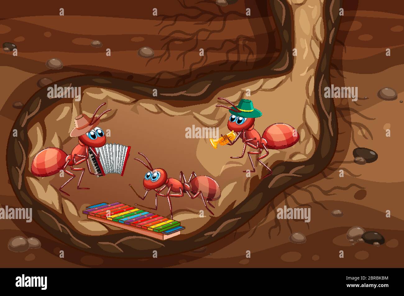 Underground scene with ants playing instrument illustration Stock ...