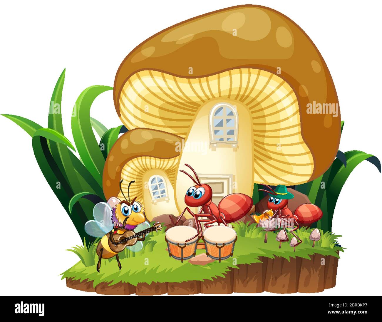 Insect musical band playing at mushroom fairy house illustration Stock ...