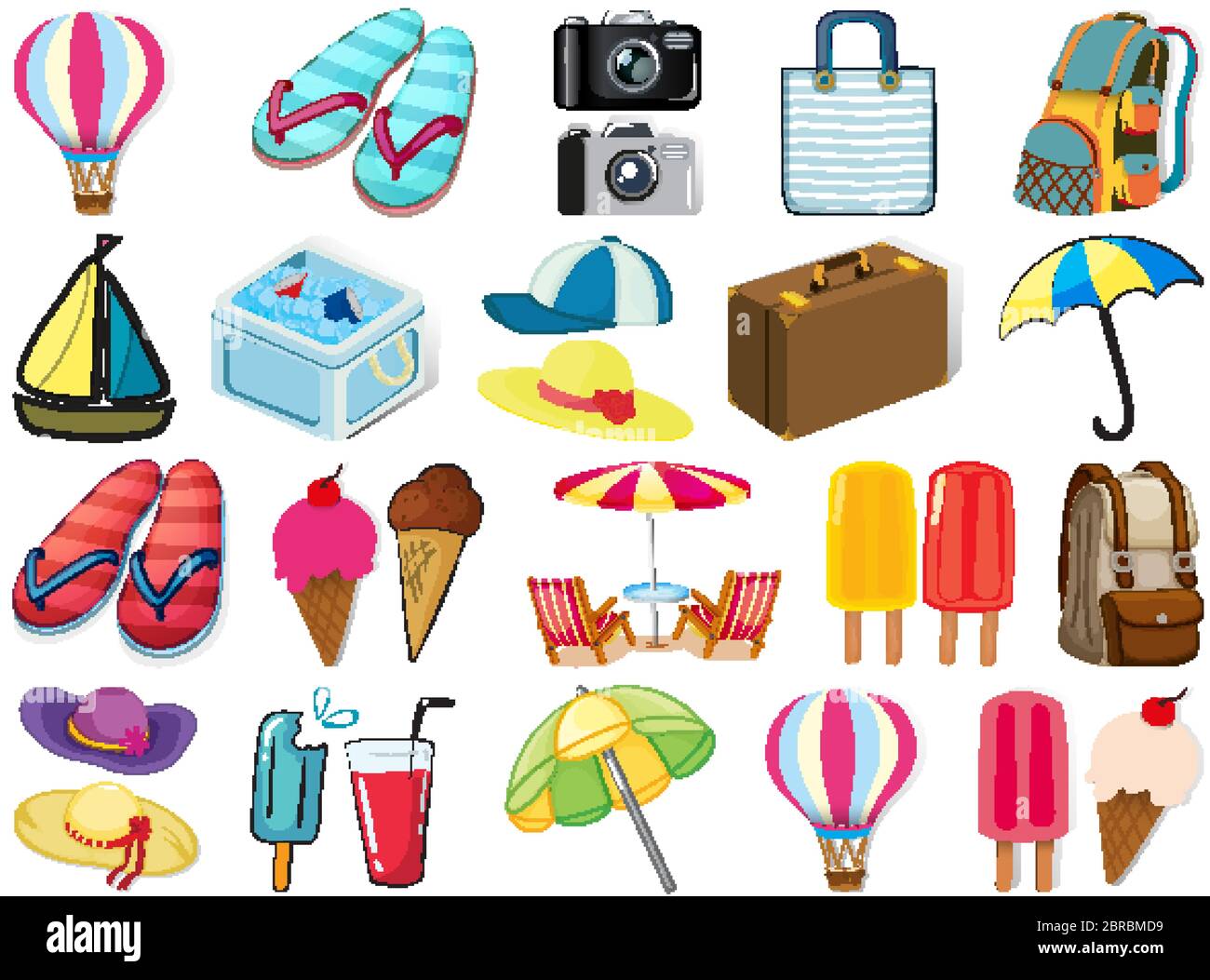 Large set of different summer objects on white background illustration ...