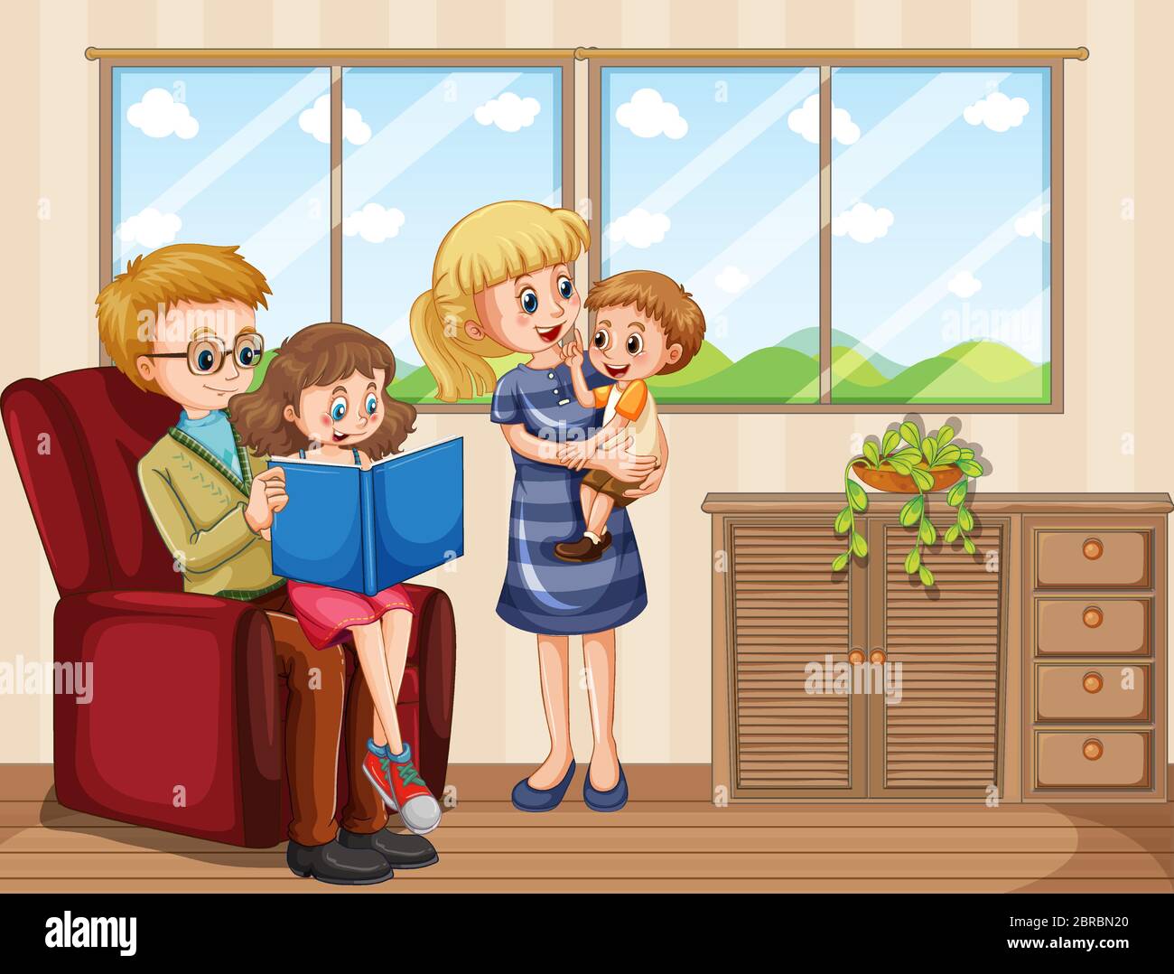Family member cartoon character in living room illustration Stock ...