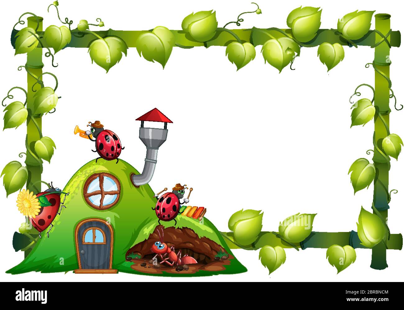 Border template design with insects in the garden background ...