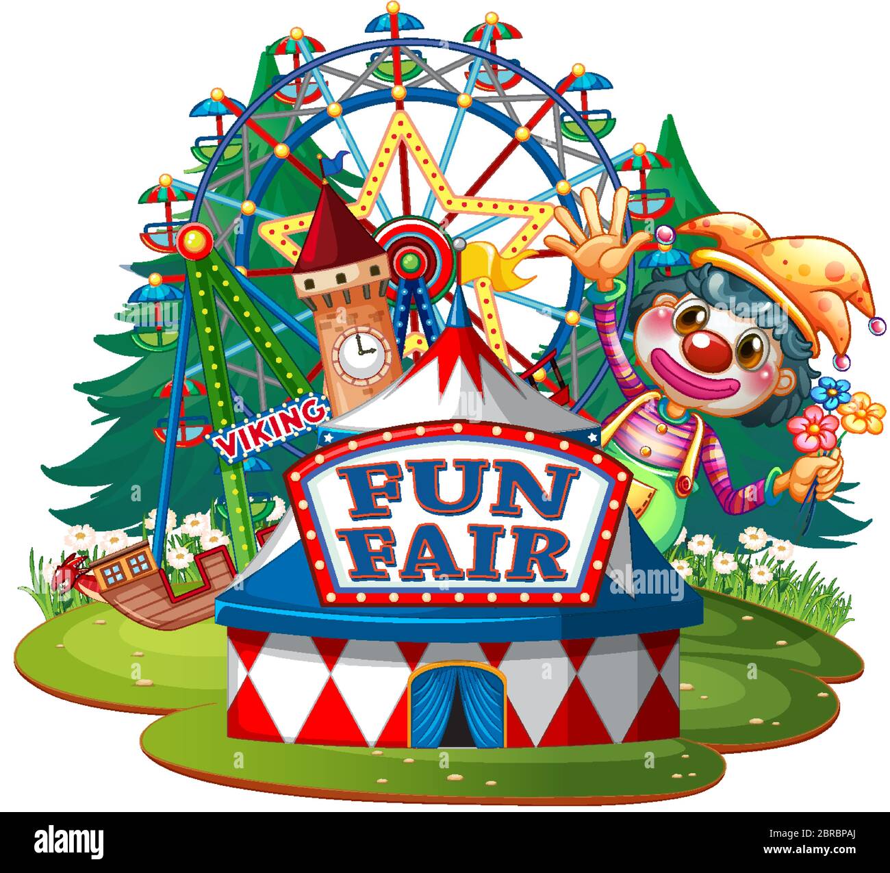 Scene with happy clown at the fair on white background illustration ...