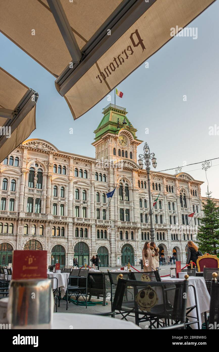 The piazza Unita at Trieste city, Italy at sunset. The square is also ...
