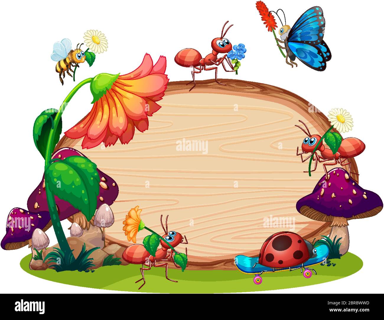 Border template design with insects in the garden background ...