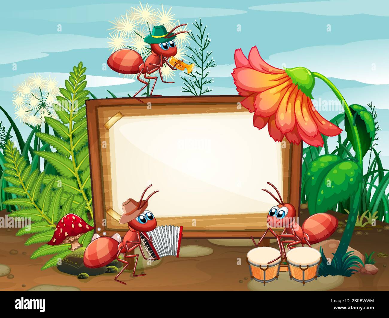 Border template design with insects in the garden background ...