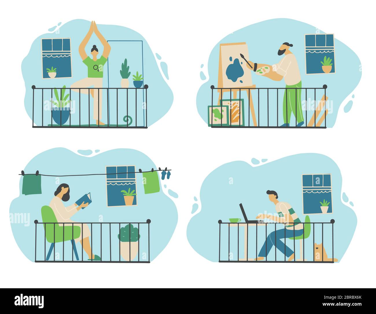 Set of people character on the quarantine. Stay home, social distance ...