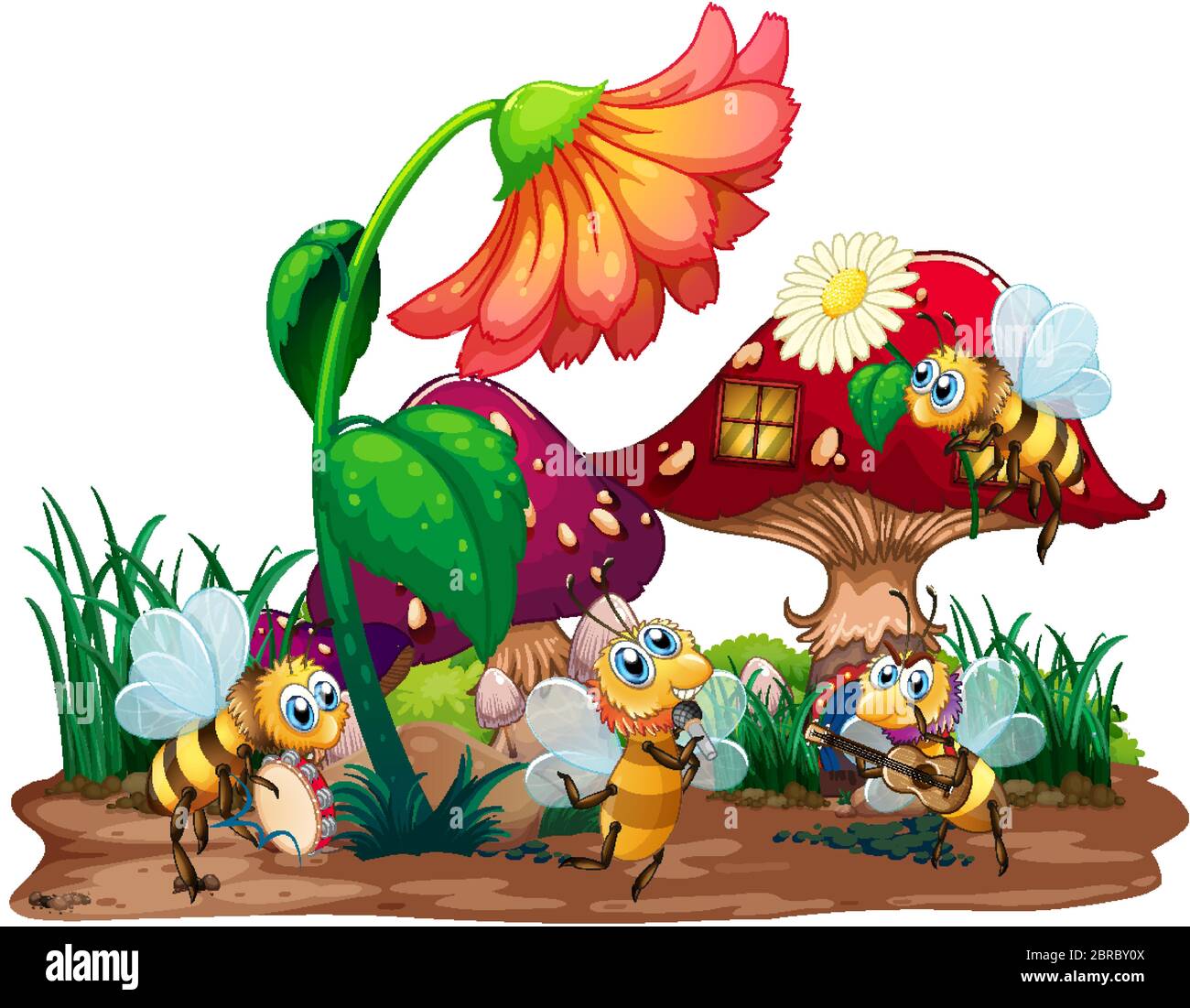 Bee musical band playing in front of fairy mushroom house illustration ...