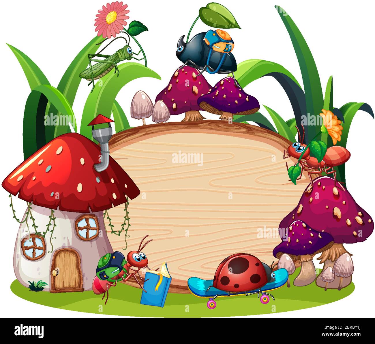 Border template design with insects in the garden background ...