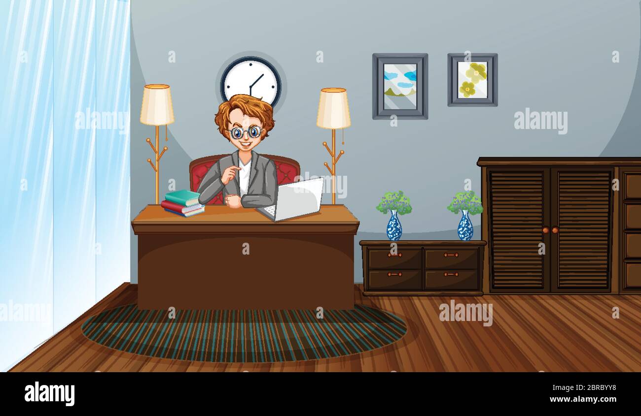 Work from home theme with man working on computer illustration Stock ...