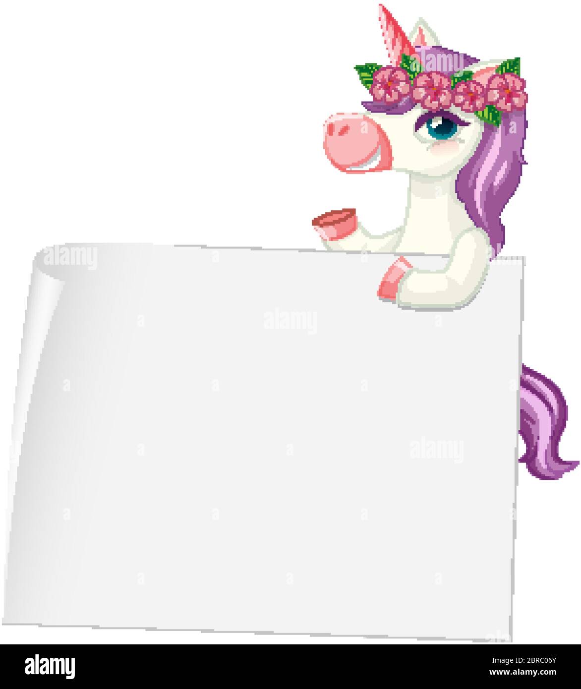 Cute unicorn with blank banner sign on white background illustration ...