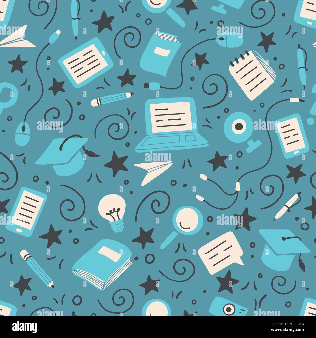 Hand drawn seamless pattern of online education elements, laptop ...