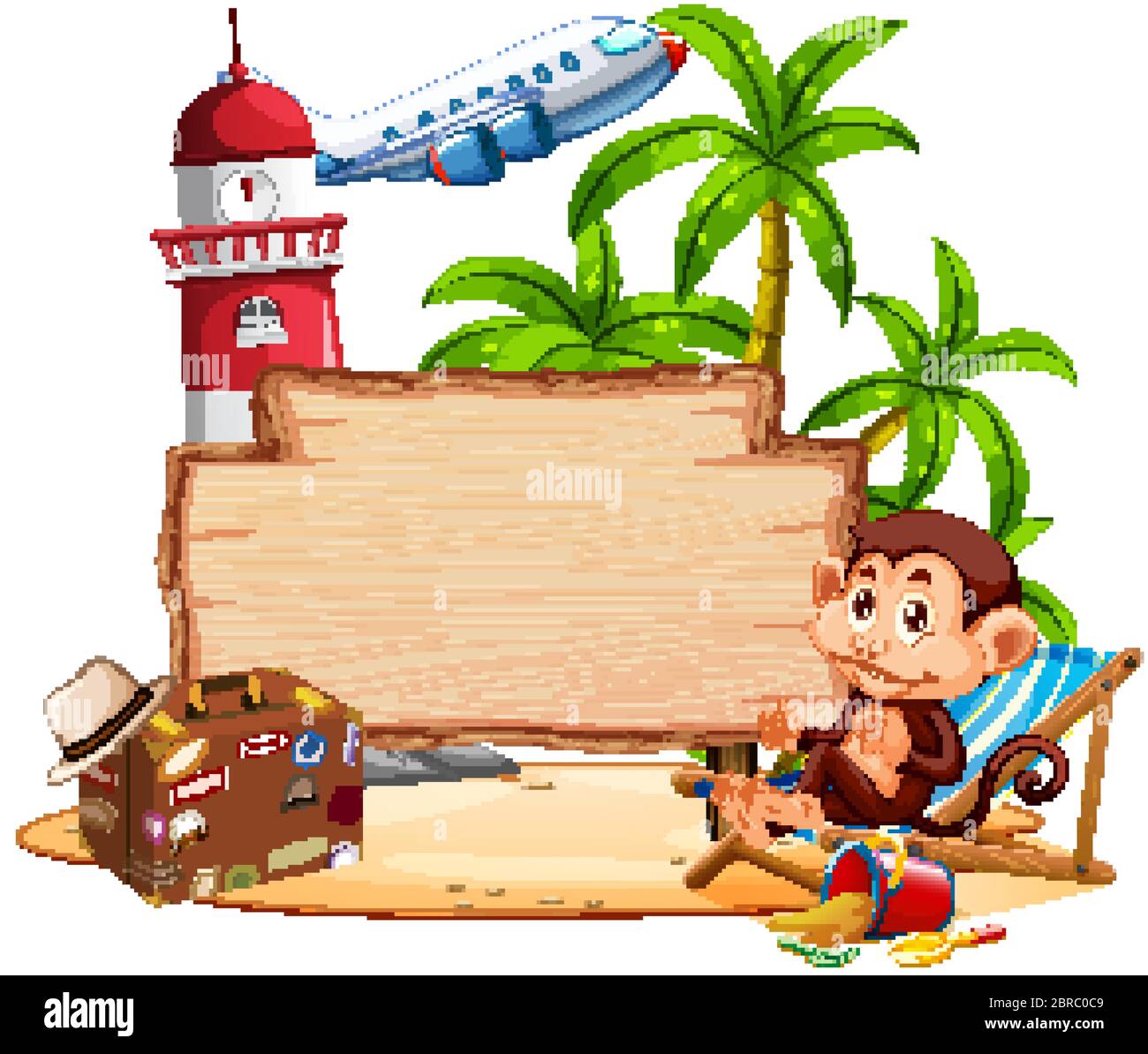 Scene with wooden board and monkey on white background illustration ...