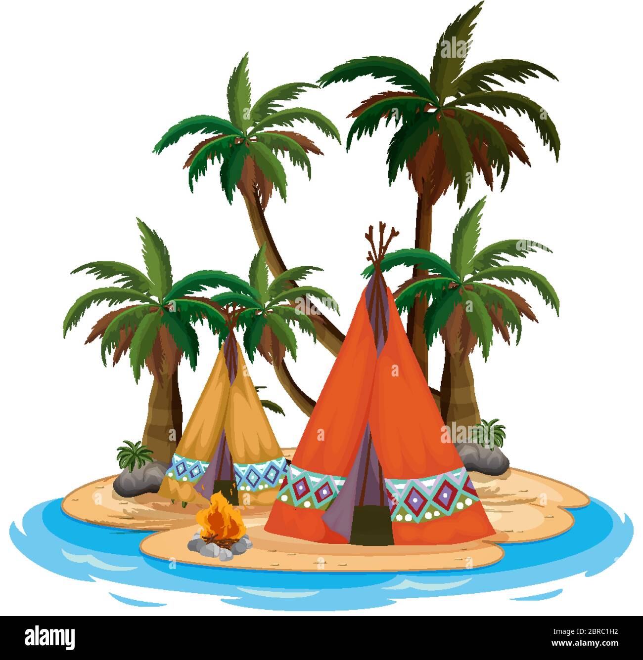 Scene with teepee and campfire on the island on white background ...