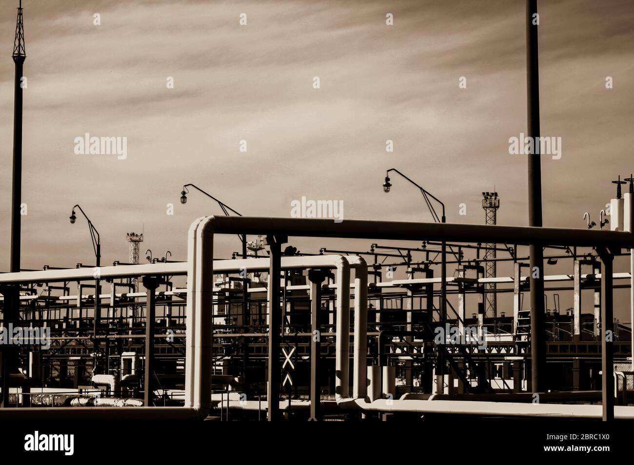 Pipeline and pipe rack of petroleum industrial plant. Offshore Industry ...