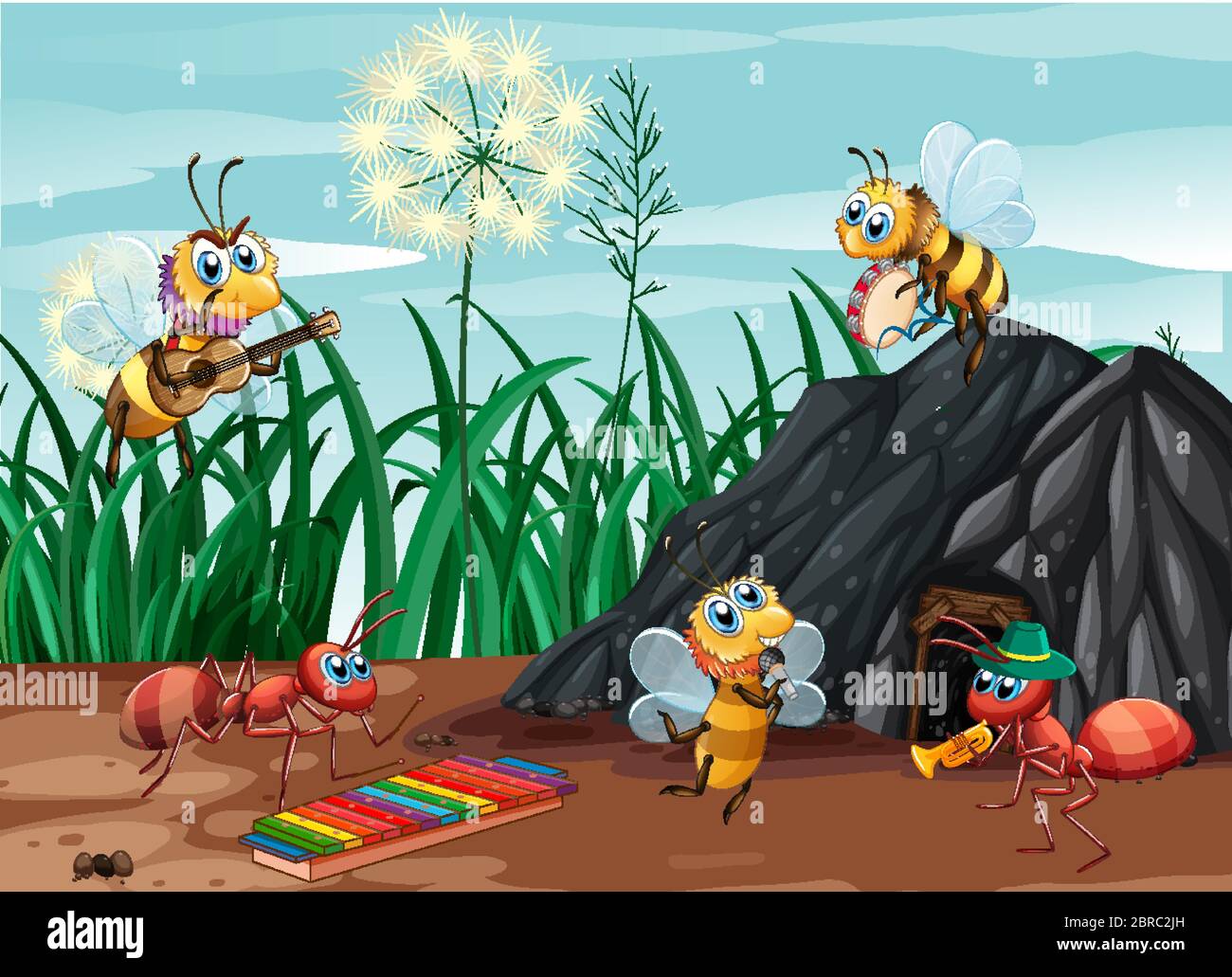 Insect musical band playing in forest illustration Stock Vector Image ...