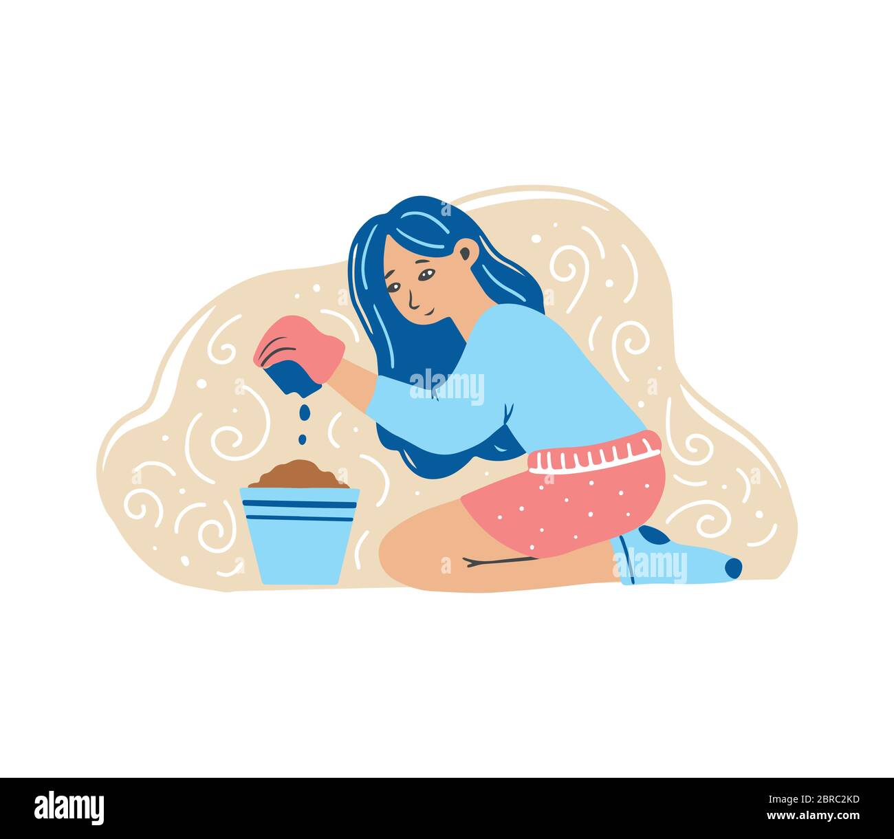 Cartoon young woman character planting seed of flower in the ground ...