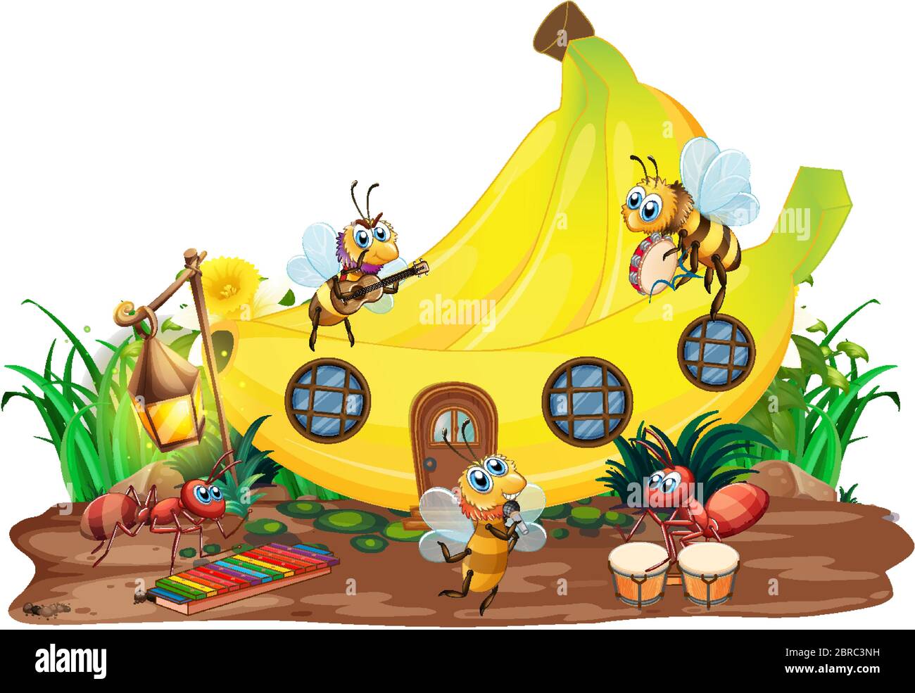 Insect musical band playing in front of banana house illustration Stock ...
