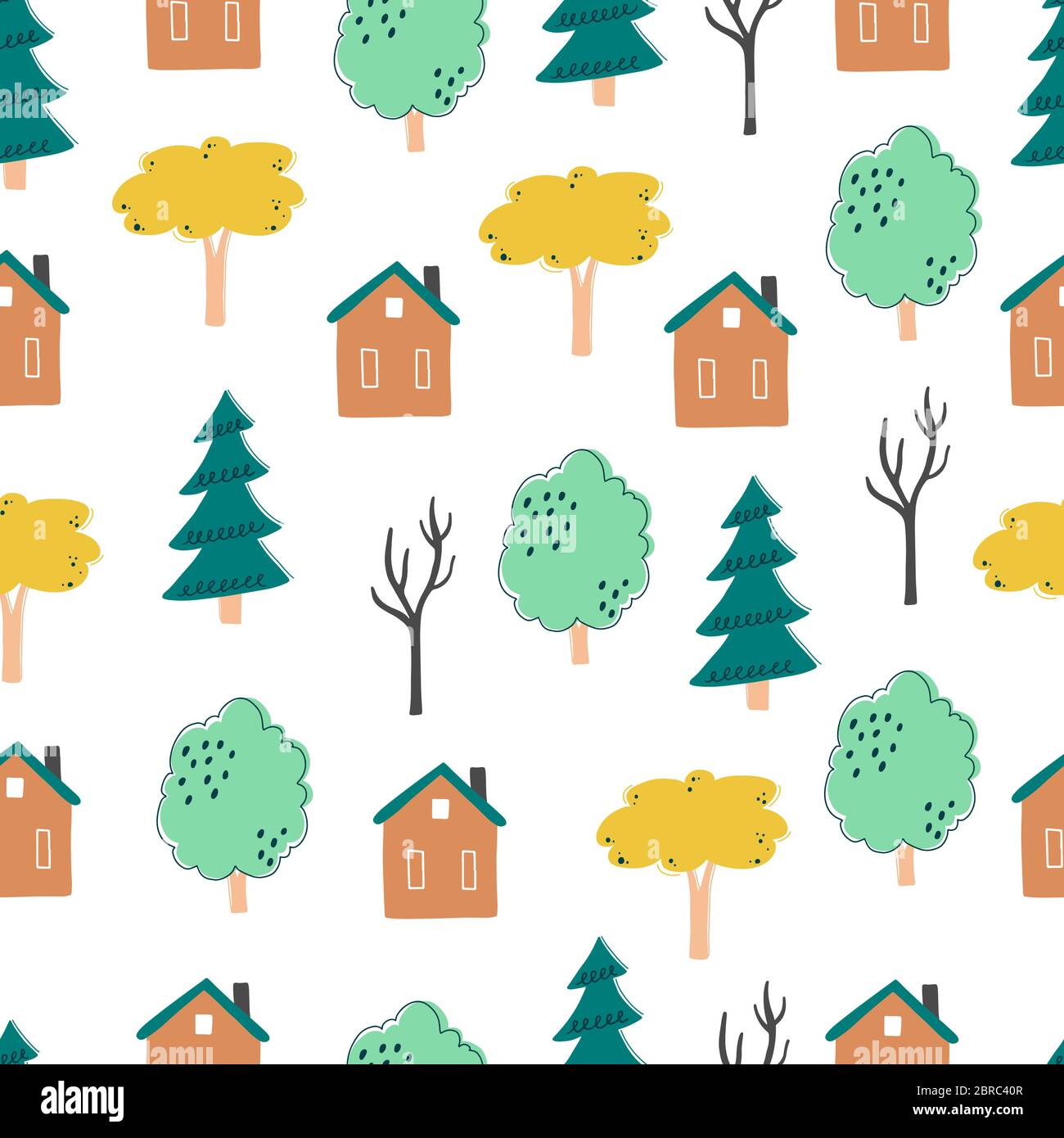 Seamless pattern of childish cartoon town, city with tree and building for fabric, wallpaper ...