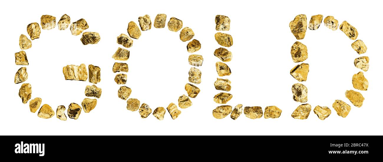 Word GOLD made of golden stones on white background isolated close up ...