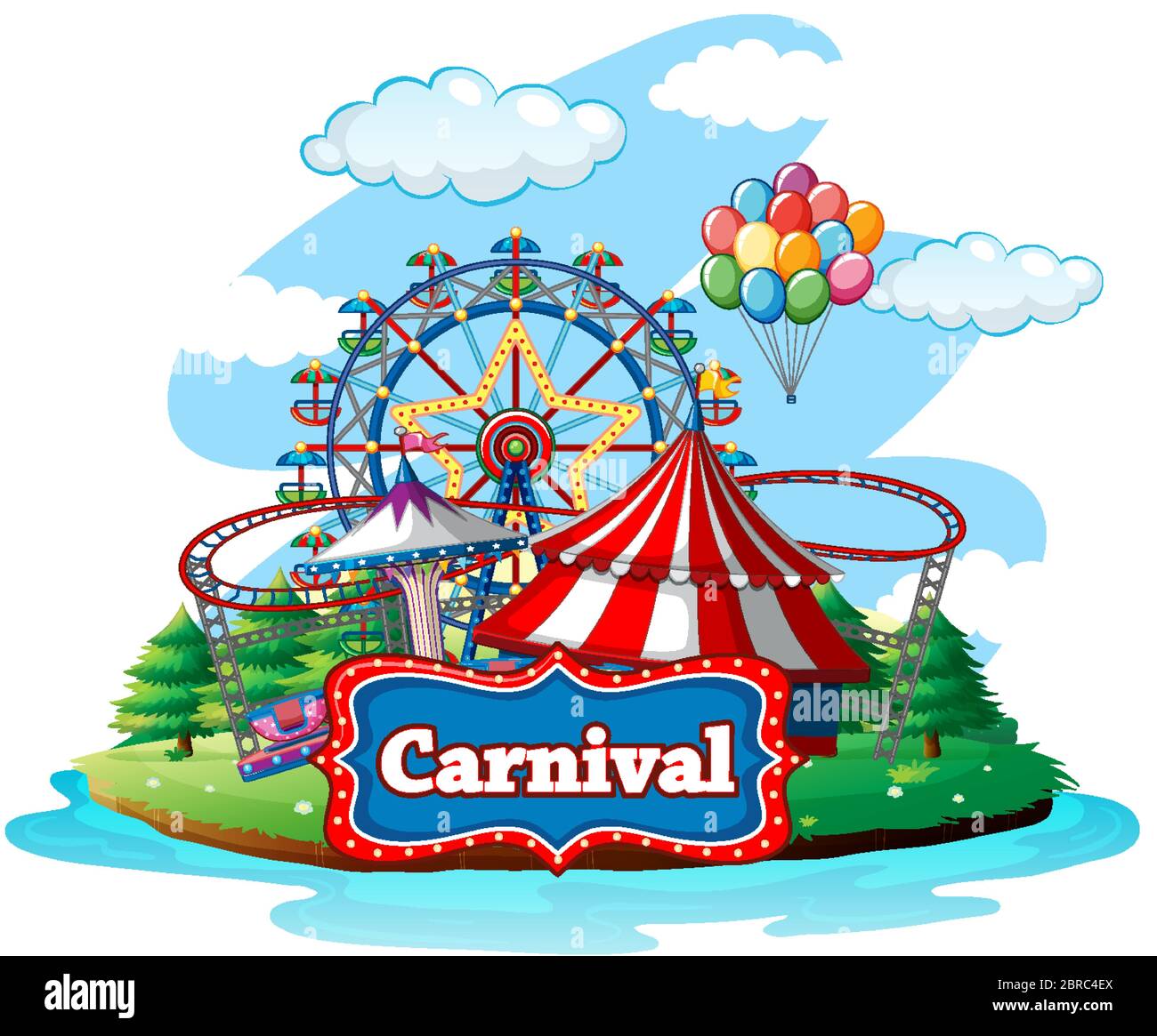 Scene with many rides at carnival on white background illustration ...