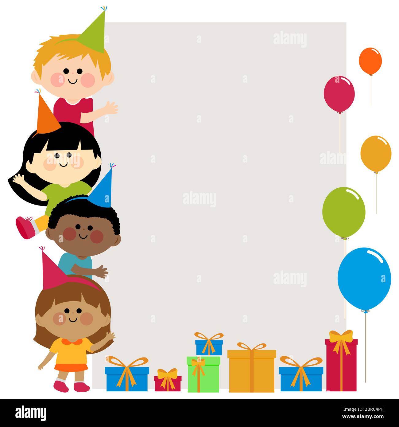 Birthday party celebration border with children celebrating. Diverse ...