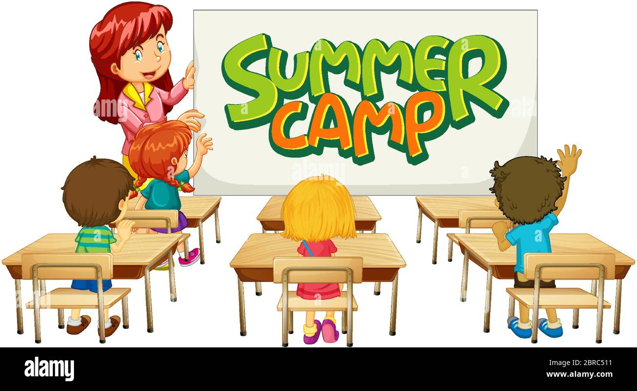 Scene with teacher and students in classroom and word summer camp on ...