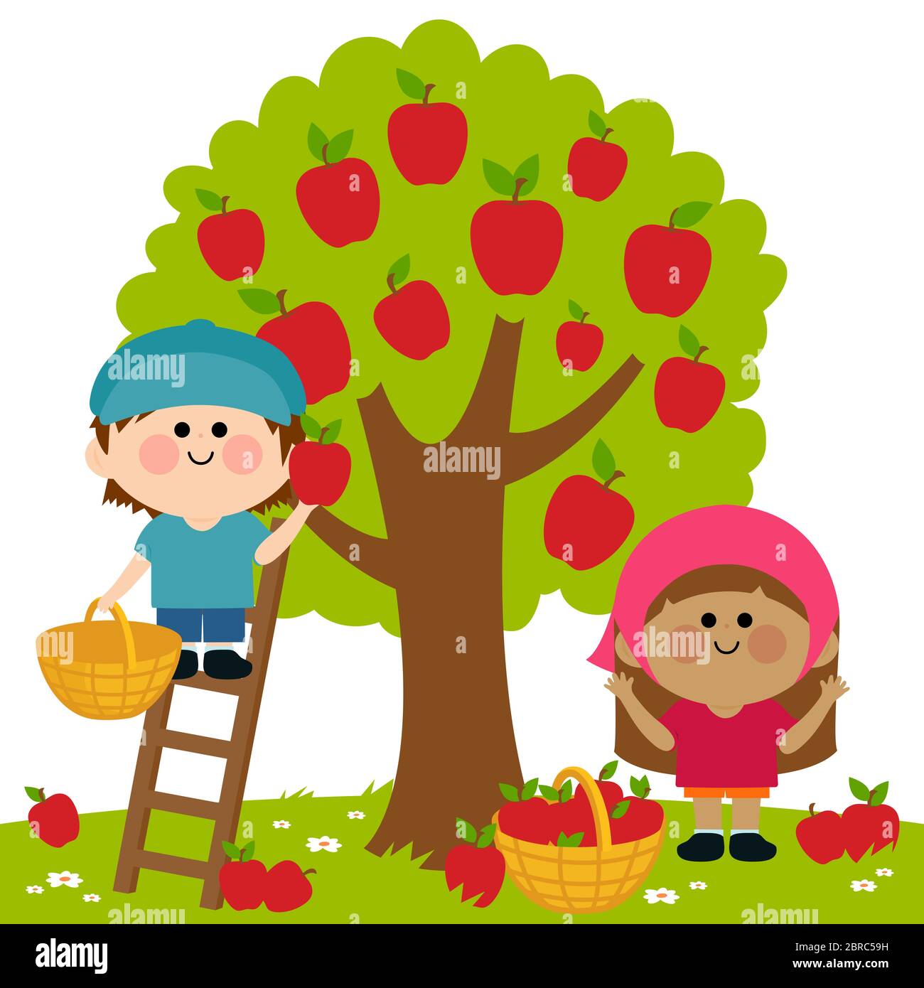 Two children, a boy and a girl picking apples under an apple tree in ...