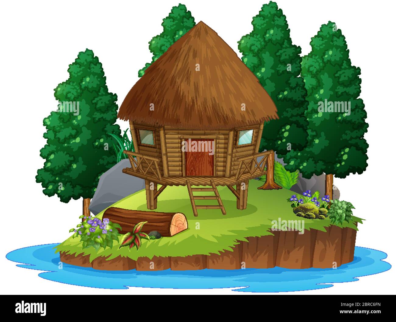 Scene with wooden hut in the forest on white background illustration ...