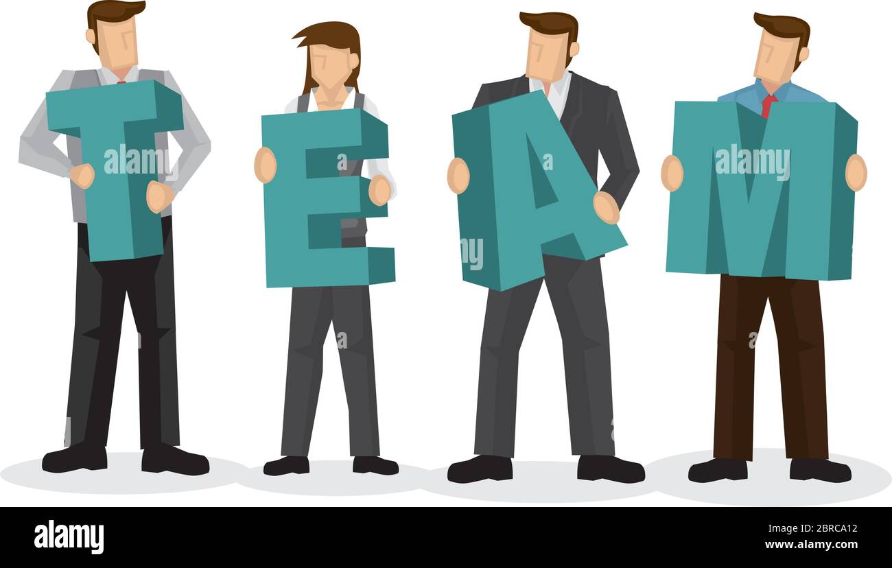 A group of businesspeople holding giant alphabet to form the word team ...