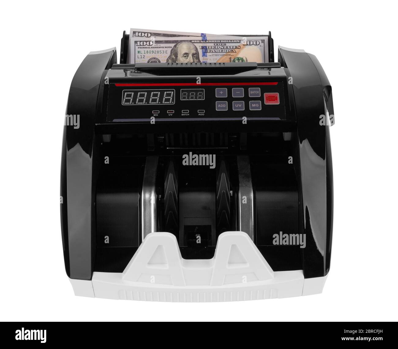 Electronic money counter withhundred dollars banknotes on white Stock ...