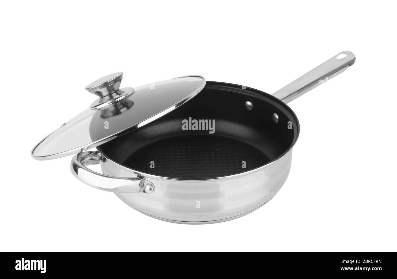 chrome pan with lid isolated on white background Stock Photo - Alamy