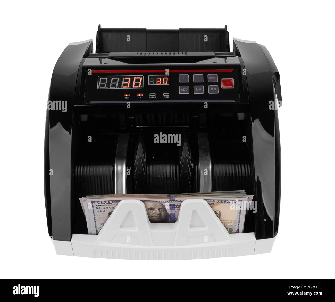 Electronic money counter withhundred dollars banknotes on white Stock ...