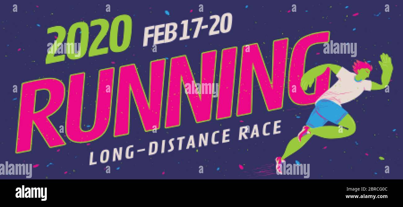 Colorful running event banner with fluorescent green runner on dark ...