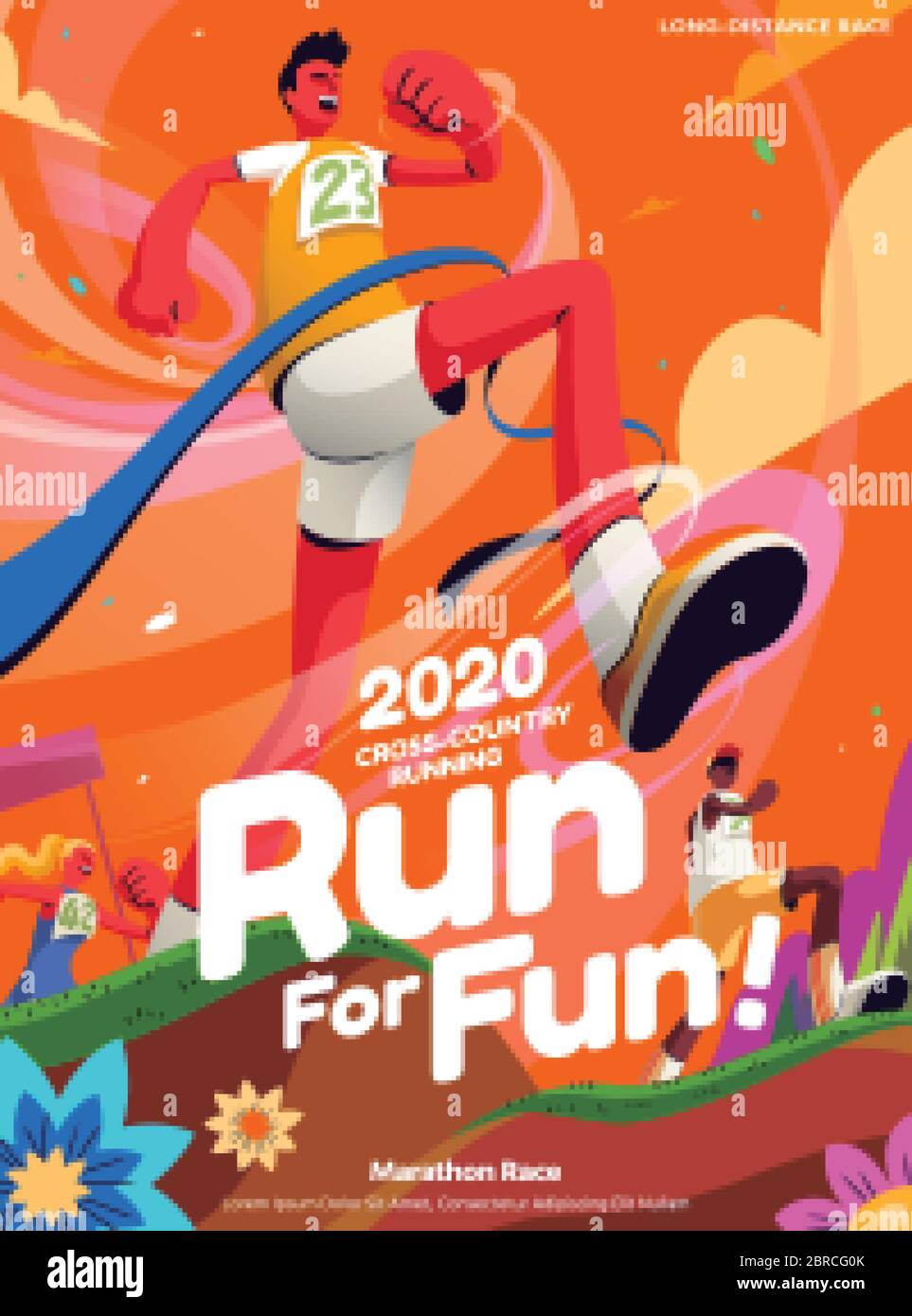 Lively cross-country running event poster in orange tone with a man crossing the finish line ...