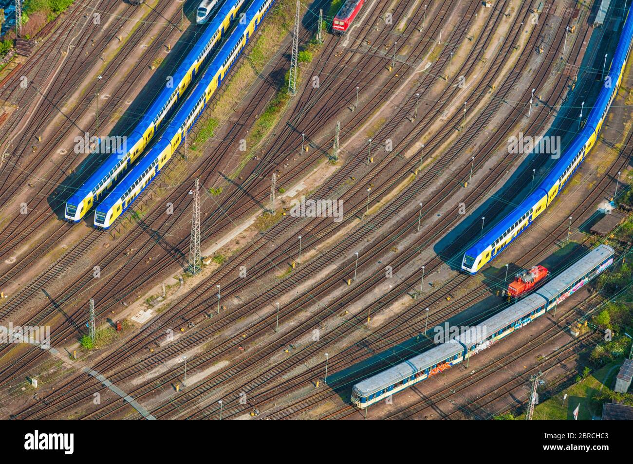 Railroad tracks with trains from above Stock Photo - Alamy