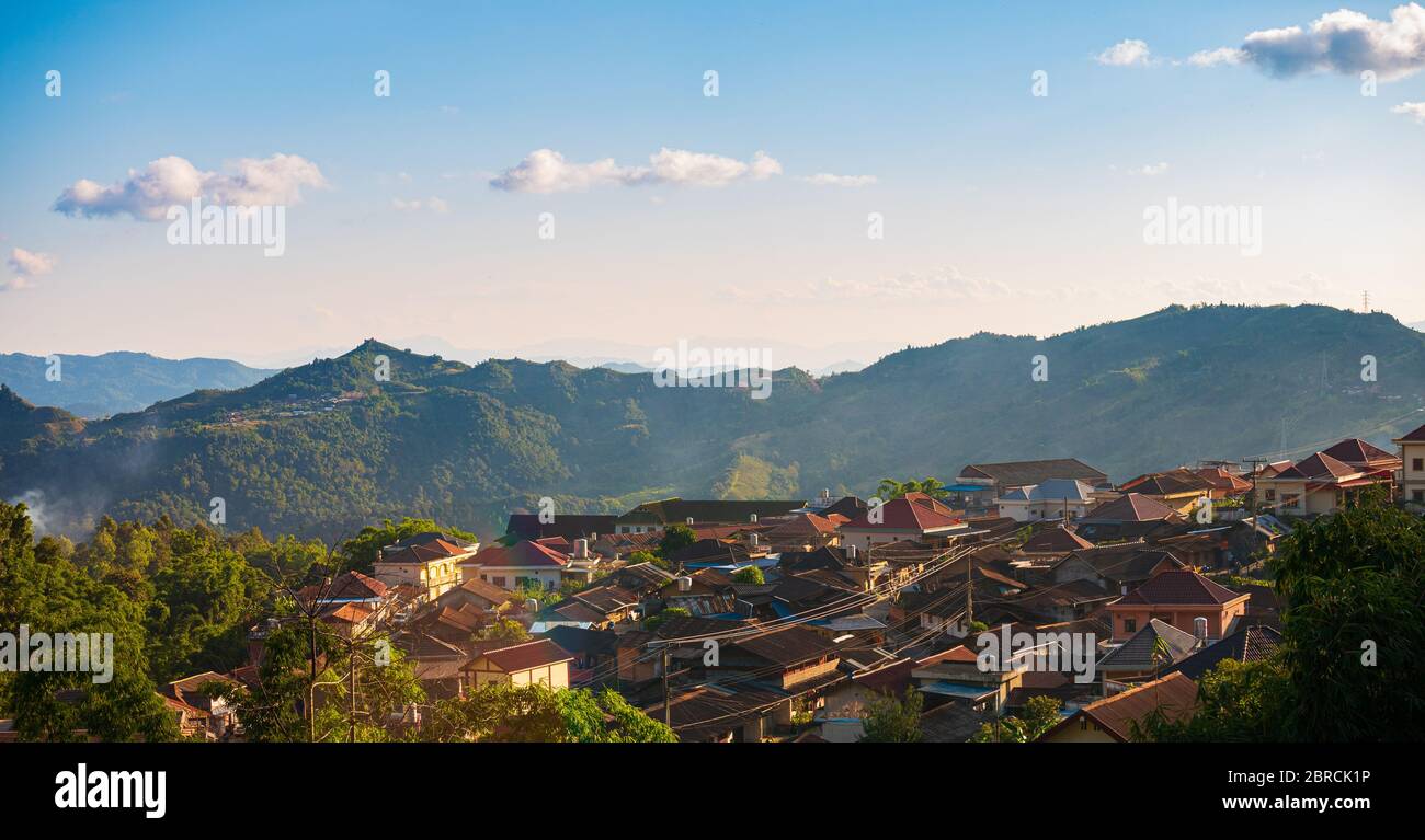 Aerial view of Phongsali, North Laos near China. Yunnan style town on ...